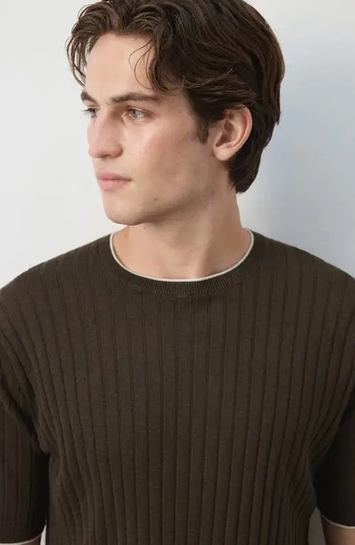 Mango Linen Blend Rib T-shirt - Brown