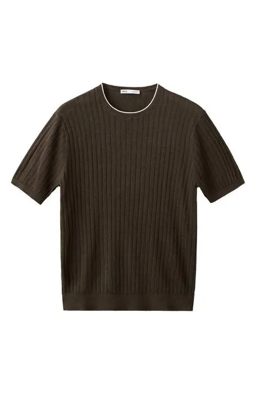 Mango Linen Blend Rib T-shirt - Brown