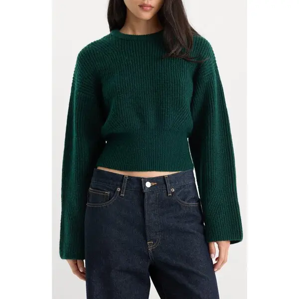Good American Chunky Knit Crewneck Cropped Sweater - Forest Green