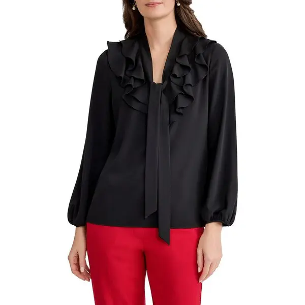 KASPER Ruffle Tie Neck Blouse - Black