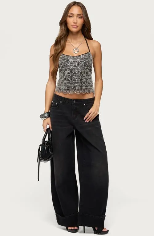 EDIKTED Naira Beaded Scalloped Halter Top