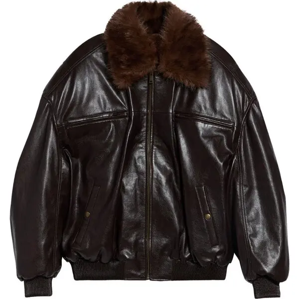 LU'U DAN Faux Leather Cargo Flight Jacket With Faux Fur Collar