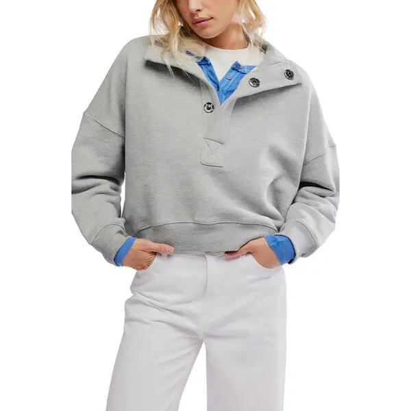 Free People Timeless Snap Placket Pullover - Heather Grey