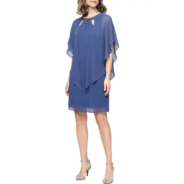 SL FASHIONS Jewel Chiffon Overlay Shift Dress - Wedgewood