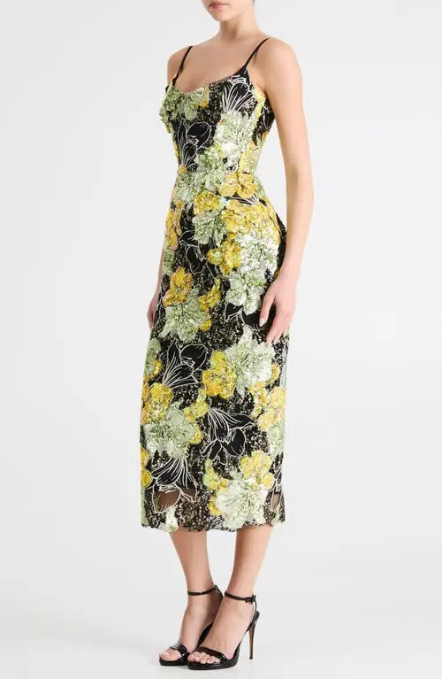 HELSI Emilia Sequin Sleeveless Midi Dress - Black/chartreuse