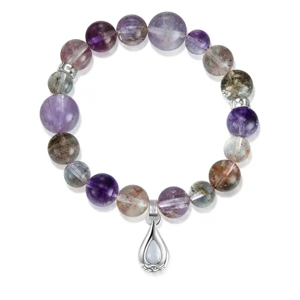 AUROZIA Super Seven Crystal And Aquamarine Beaded Bracelet With Sterling Silver Pendant
