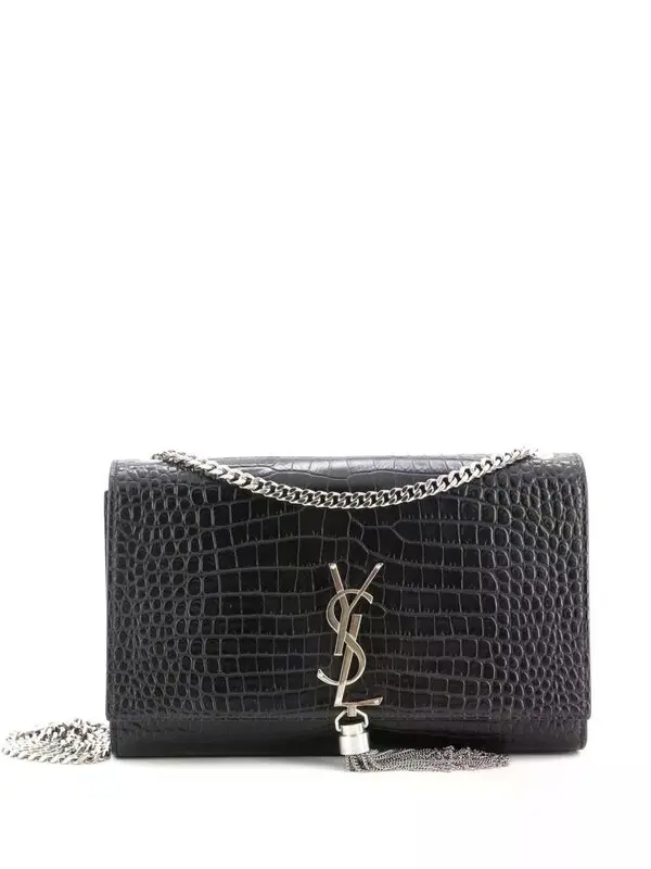 Saint Laurent Classic Monogram Tassel Crocodile Embossed Leather Medium Crossbody Bag - Black
