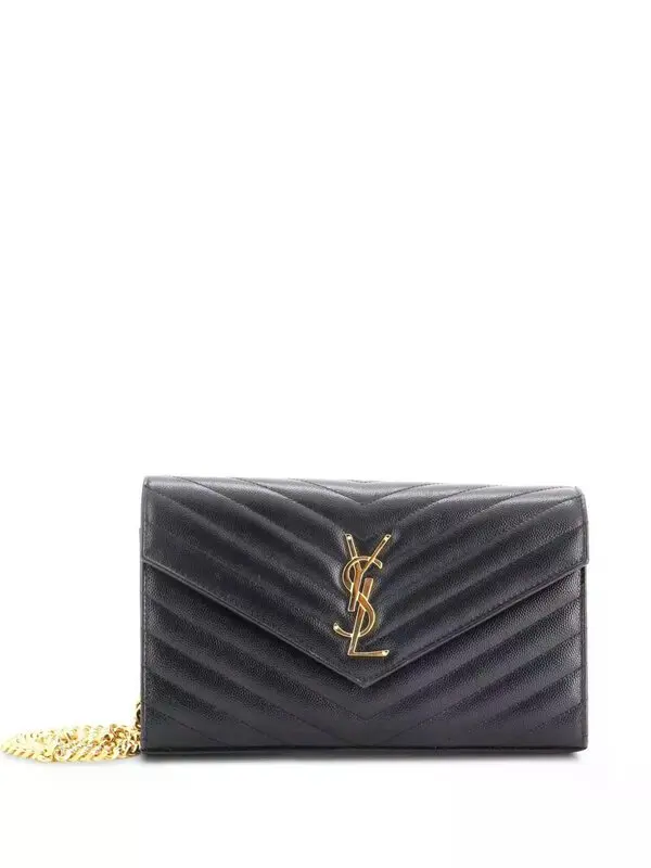 Saint Laurent Classic Monogram Wallet On Chain Matelasse Chevron Leather Medium Crossbody Bag - Black