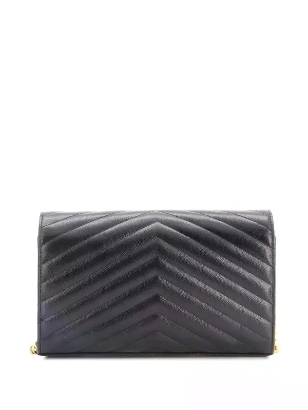 Saint Laurent Classic Monogram Wallet On Chain Matelasse Chevron Leather Medium Crossbody Bag - Black
