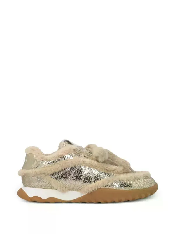 Pinko Shearling-trim Cracked-effect Sneakers