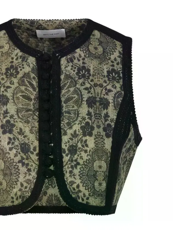 INTO THE EAST Sleeveless Damask-pattern Braided-trim Jacket