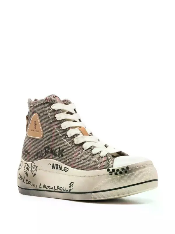 R13 Graffiti Print Plaid High Top Platform Sneakers