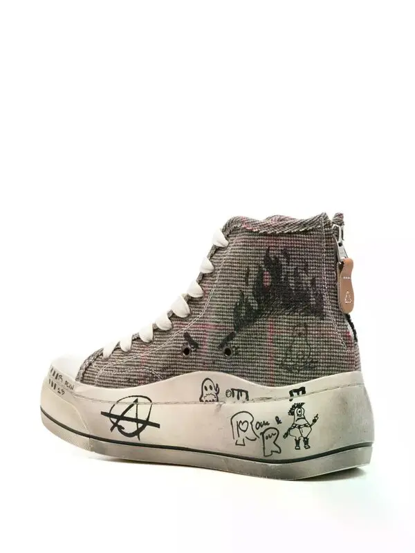 R13 Graffiti Print Plaid High Top Platform Sneakers
