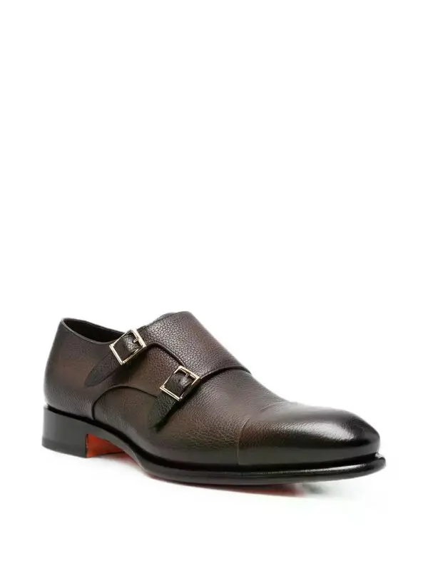Santoni Double-strap Grained Leather Monk Shoes