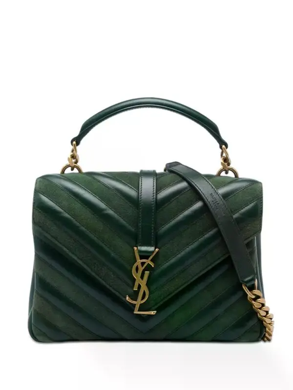 Saint Laurent 2017 Medium Chevron Calfskin And Suede Monogram College Satchel - Green