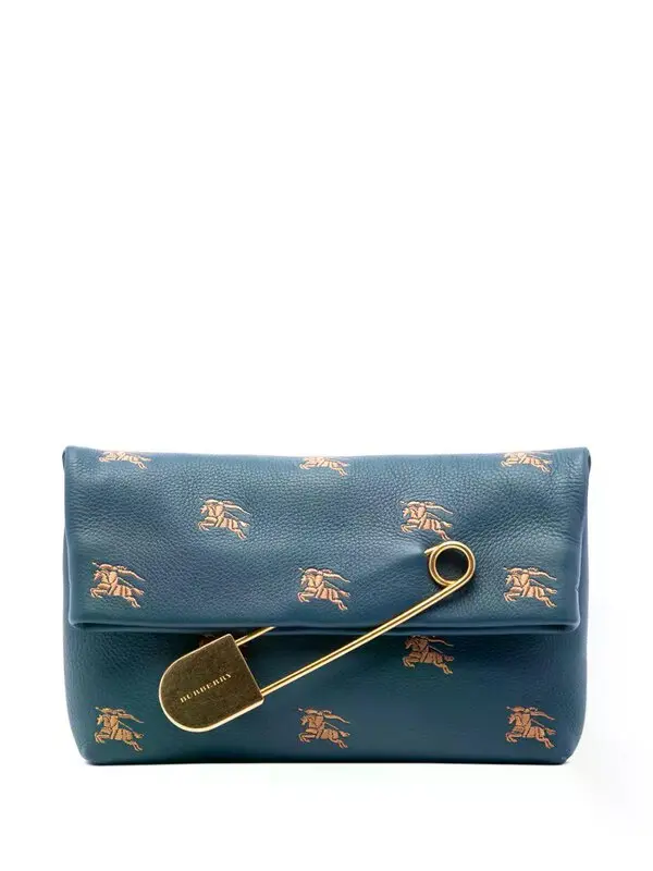 Burberry 2018-2026 Medium Equestrian Knight Embroidered Leather Safety Pin Foldover Clutch Bag - Blue