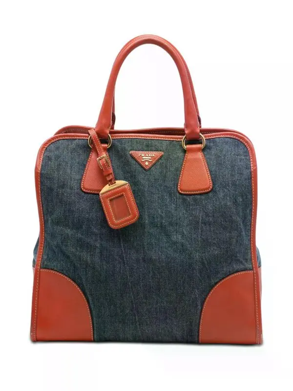 Prada 2000-2013 Saffiano Trimmed Denim Open Convertible Tote Satchel - Brown