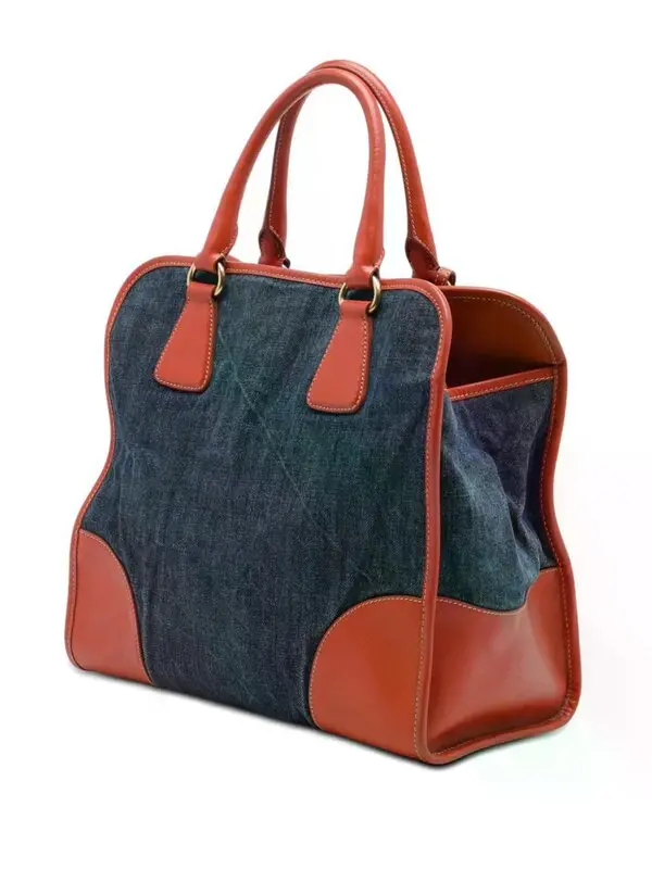 Prada 2000-2013 Saffiano Trimmed Denim Open Convertible Tote Satchel