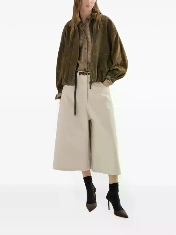 Brunello Cucinelli Dyed Denim Wide Cropped Trousers With Monili