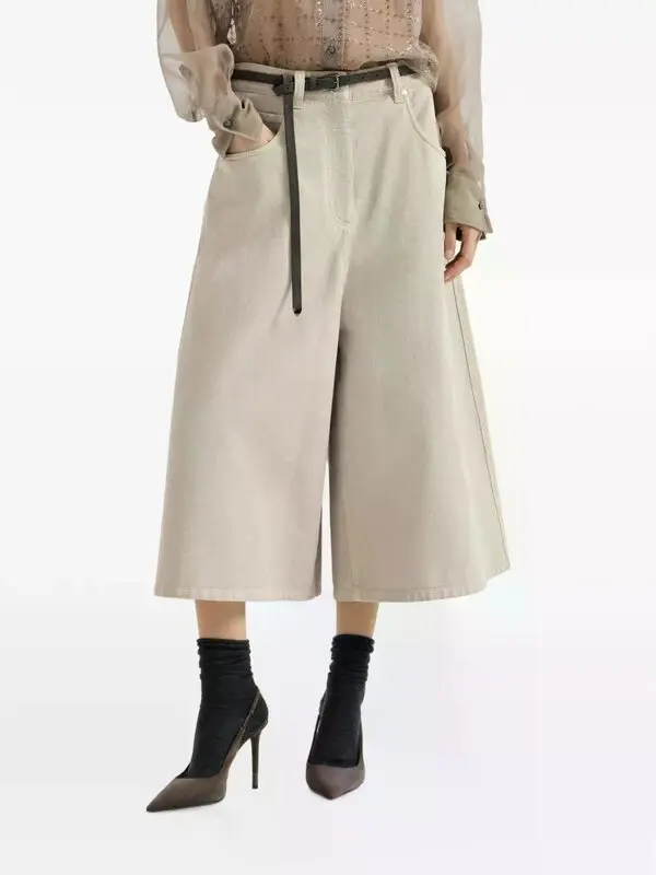 Brunello Cucinelli Dyed Denim Wide Cropped Trousers With Monili