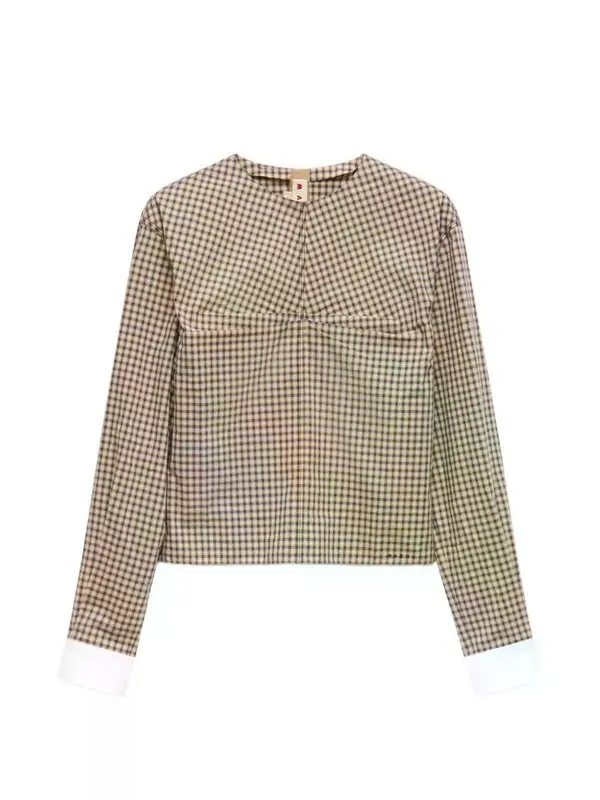 Marni Brown Checked Poplin Top With Ruched Front - Neutrals