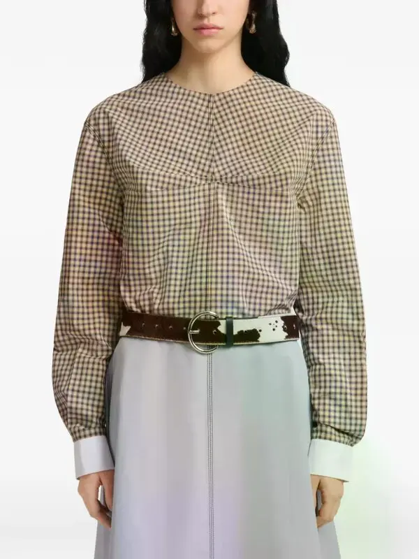 Marni Brown Checked Poplin Top With Ruched Front