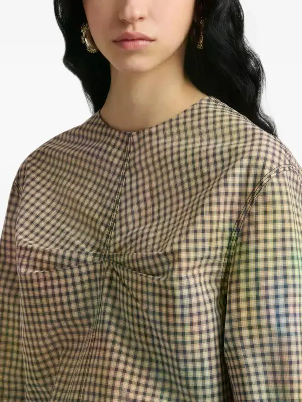 Marni Brown Checked Poplin Top With Ruched Front