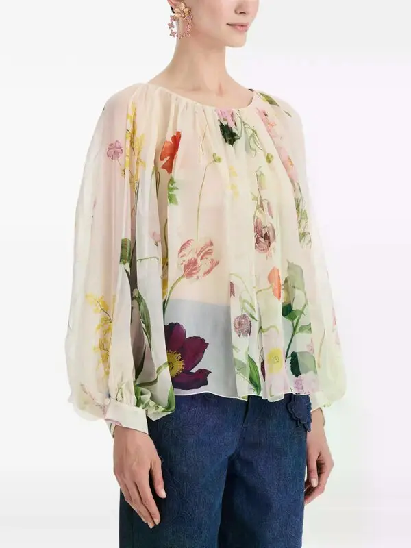 Oscar De La Renta Botanical-print Silk-chiffon Blouse