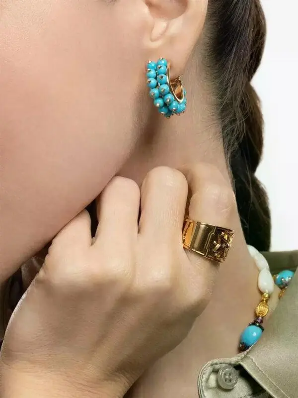Verdura 18k Yellow Turquoise Beaded Hoop Earrings