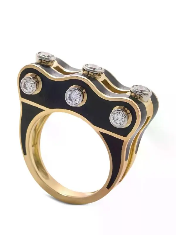 David Webb 18k Yellow Diamond And Black Enamel Ring - Gold