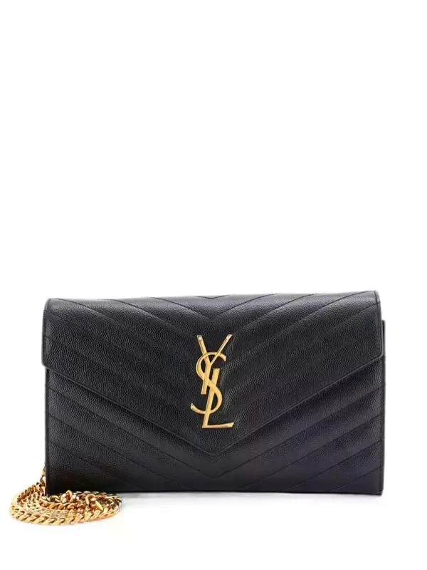 Saint Laurent Classic Monogram Wallet On Chain Matelasse Chevron Leather Medium Crossbody Bag - Black