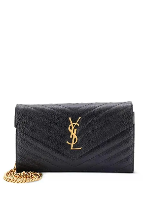 Saint Laurent Classic Monogram Wallet On Chain Matelasse Chevron Leather Medium Crossbody Bag - Black