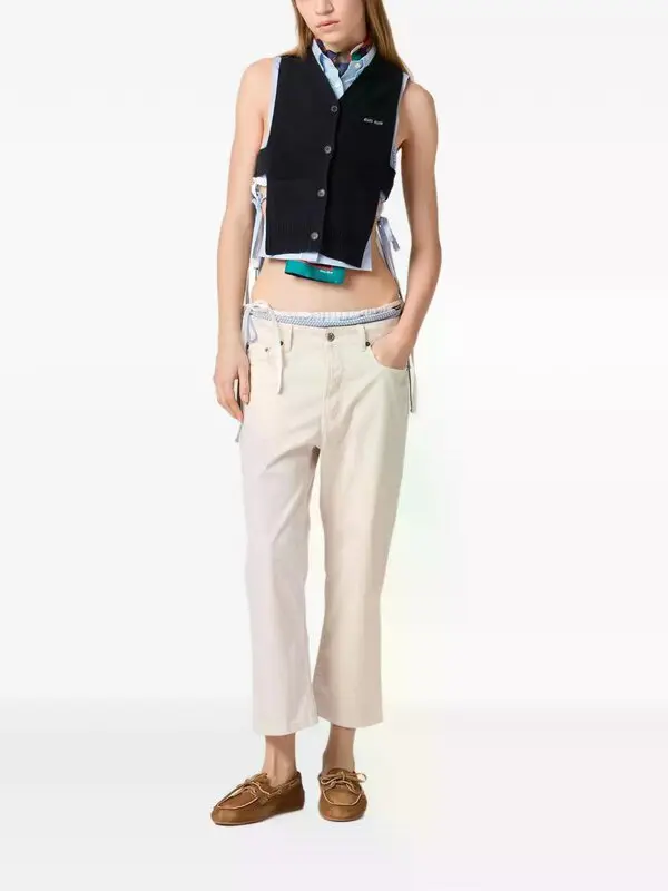 Miu Miu Logo Embroidered Cotton Trousers - Neutrals