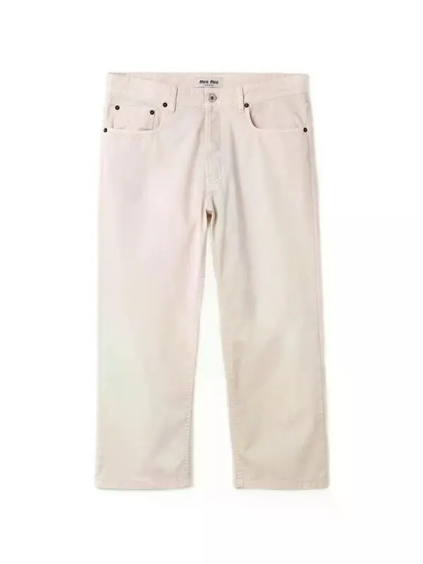 Miu Miu Logo Embroidered Cotton Trousers - Neutrals