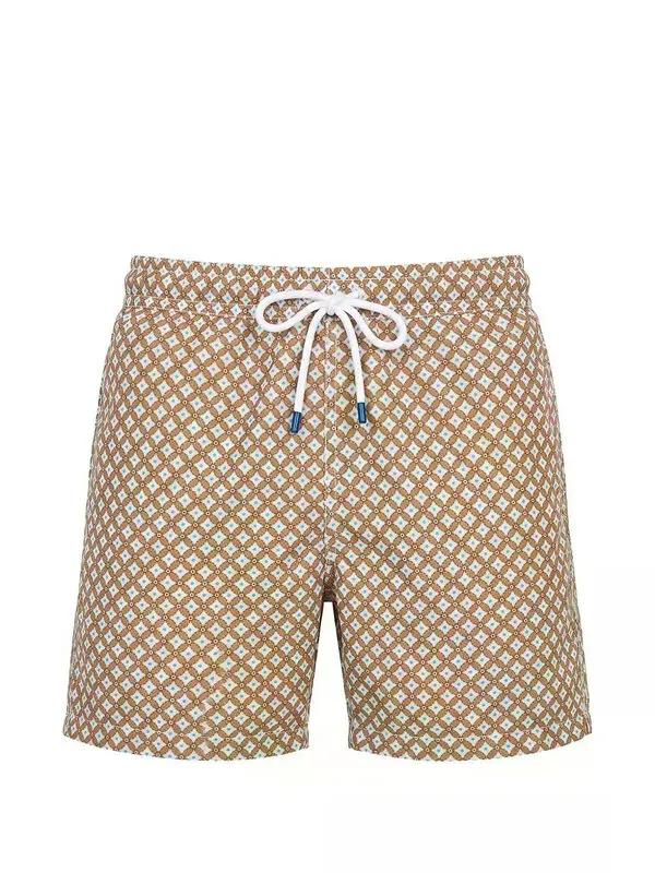 Fedeli Geometric-print Drawstring Swim Shorts - Brown