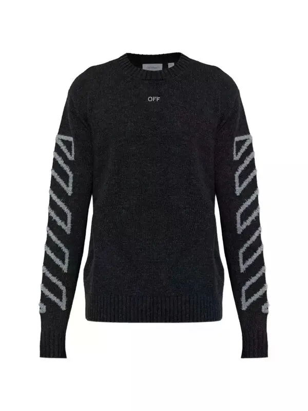 Off-White Long Sleeve Crew Neck Sweater With Embroidered Logo - Grey