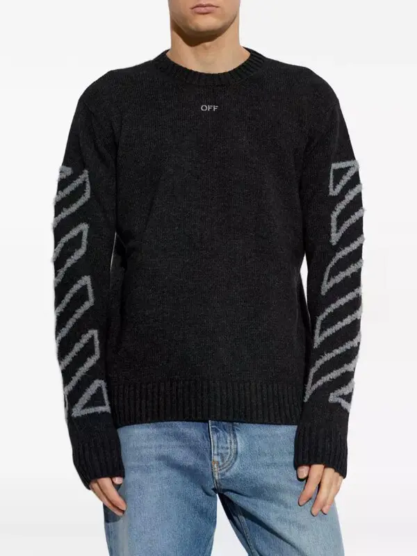Off-White Long Sleeve Crew Neck Sweater With Embroidered Logo - Grey