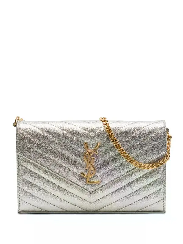 Saint Laurent 2016 Metallic Grain De Poudre Matelasse Chevron Monogram Chain Wallet Crossbody Bag - Gold