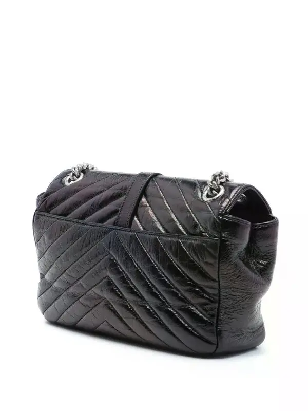 Saint Laurent 2015 Medium Chevron Metallic Crinkled Calfskin Punk Chain Bag Shoulder Bag - Black