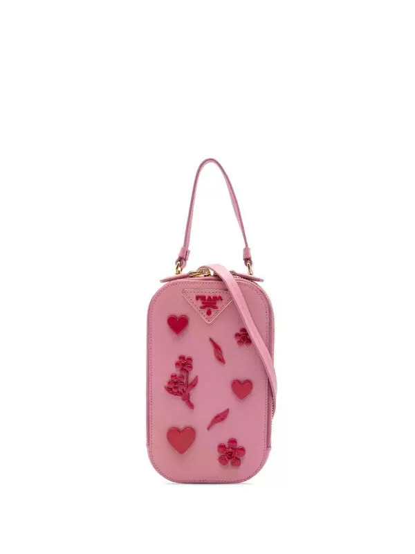 Prada 2013-2026 Embellished Saffiano Lux Phone Pouch Satchel - Pink
