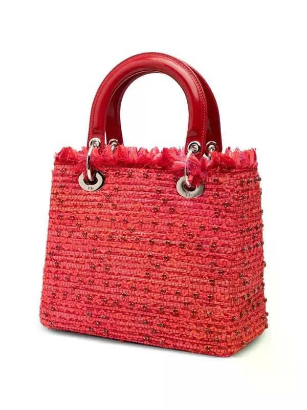 Dior Medium Tweed Fringe Rhinestone Lady Satchel - Red