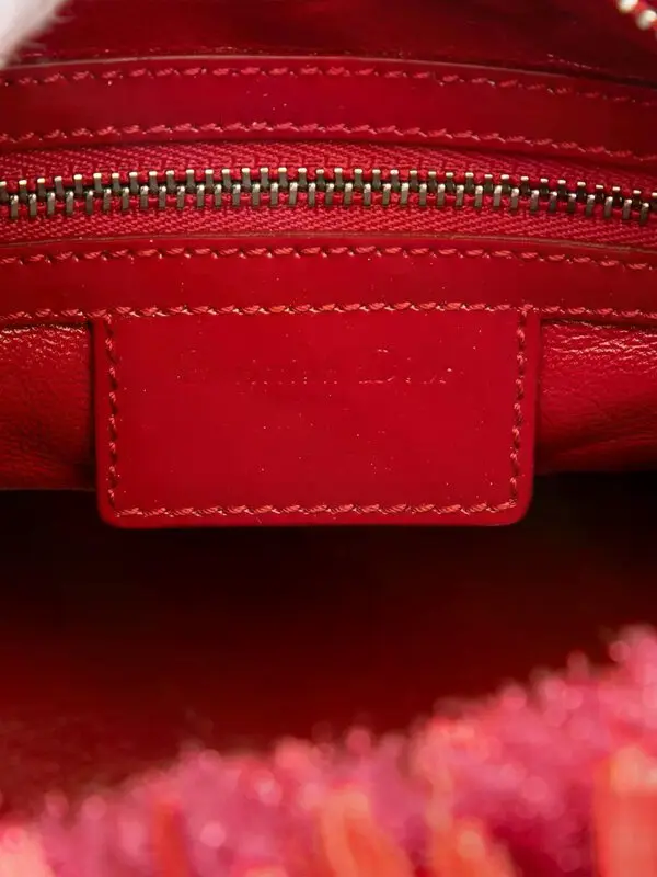Dior Medium Tweed Fringe Rhinestone Lady Satchel - Red
