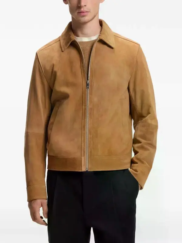 BOSS Suede Leather Jacket With Zipper Closure