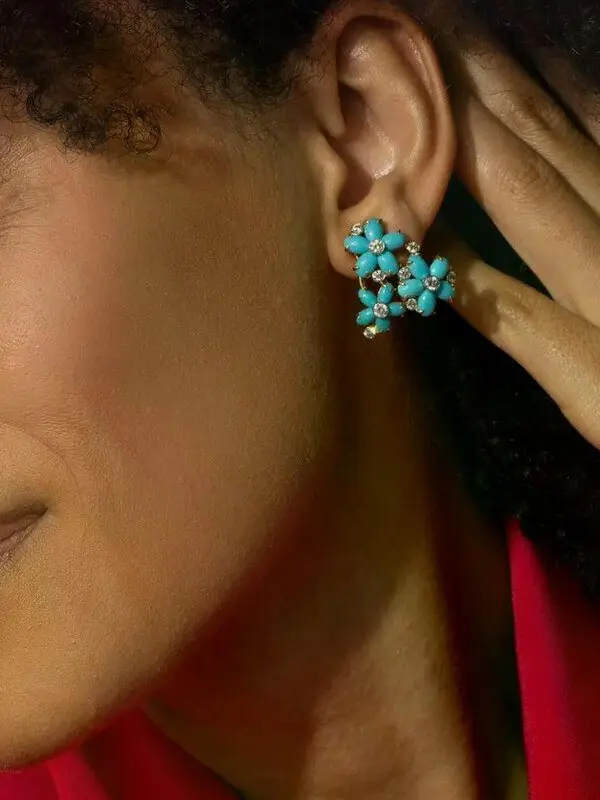 ALETTO BROTHERS 18k Yellow Turquoise And Diamond Flower Earrings