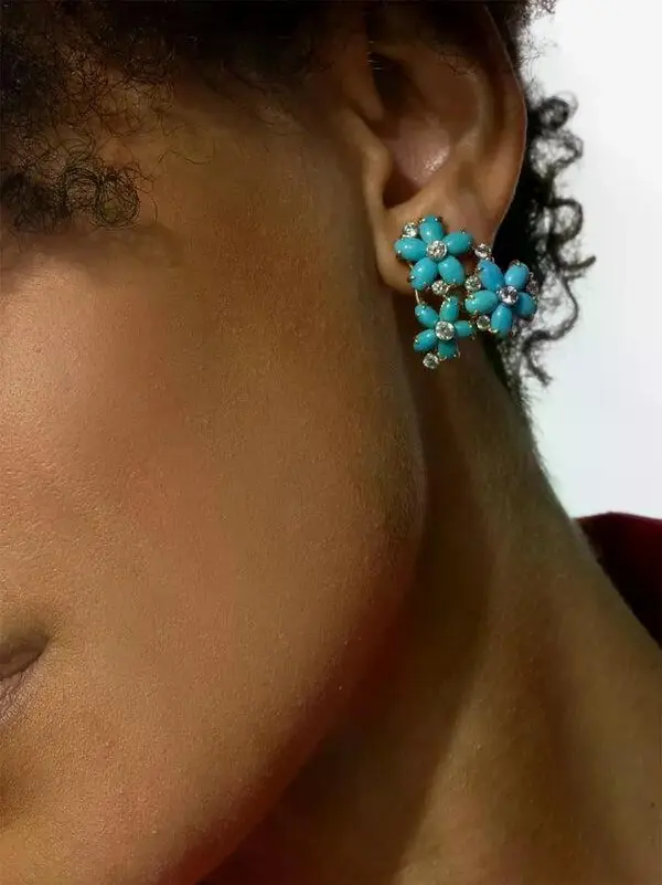 ALETTO BROTHERS 18k Yellow Turquoise And Diamond Flower Earrings