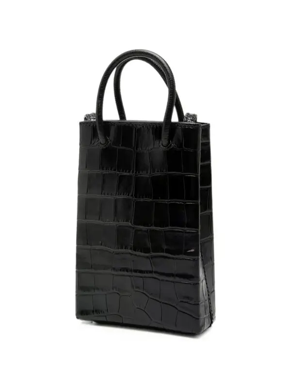 Balenciaga 2020 Mini Croc Embossed Leather Shopping Phone Holder Satchel - Black