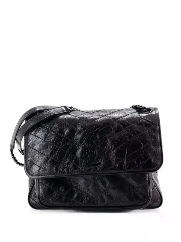 Saint Laurent Niki Chain Flap Bag Matelasse Chevron Leather Medium Shoulder Bag - Black