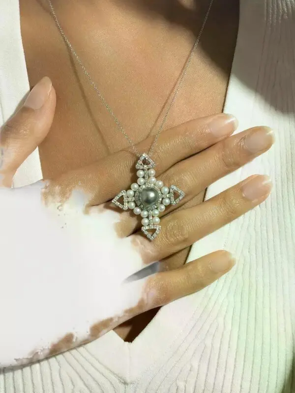 ANDREOLI Diamond And Pearl Cross Pendant Necklace