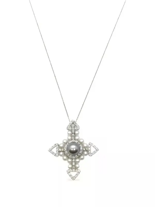 ANDREOLI Diamond And Pearl Cross Pendant Necklace - Silver
