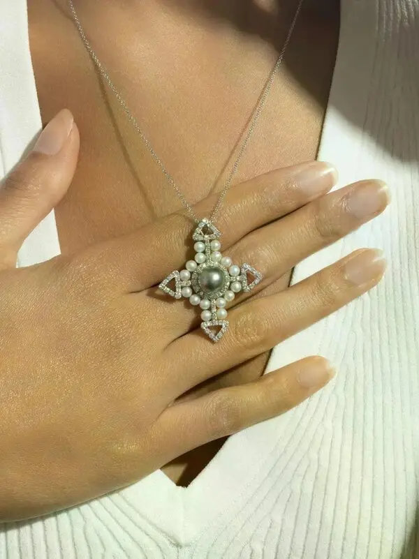 ANDREOLI Diamond And Pearl Cross Pendant Necklace